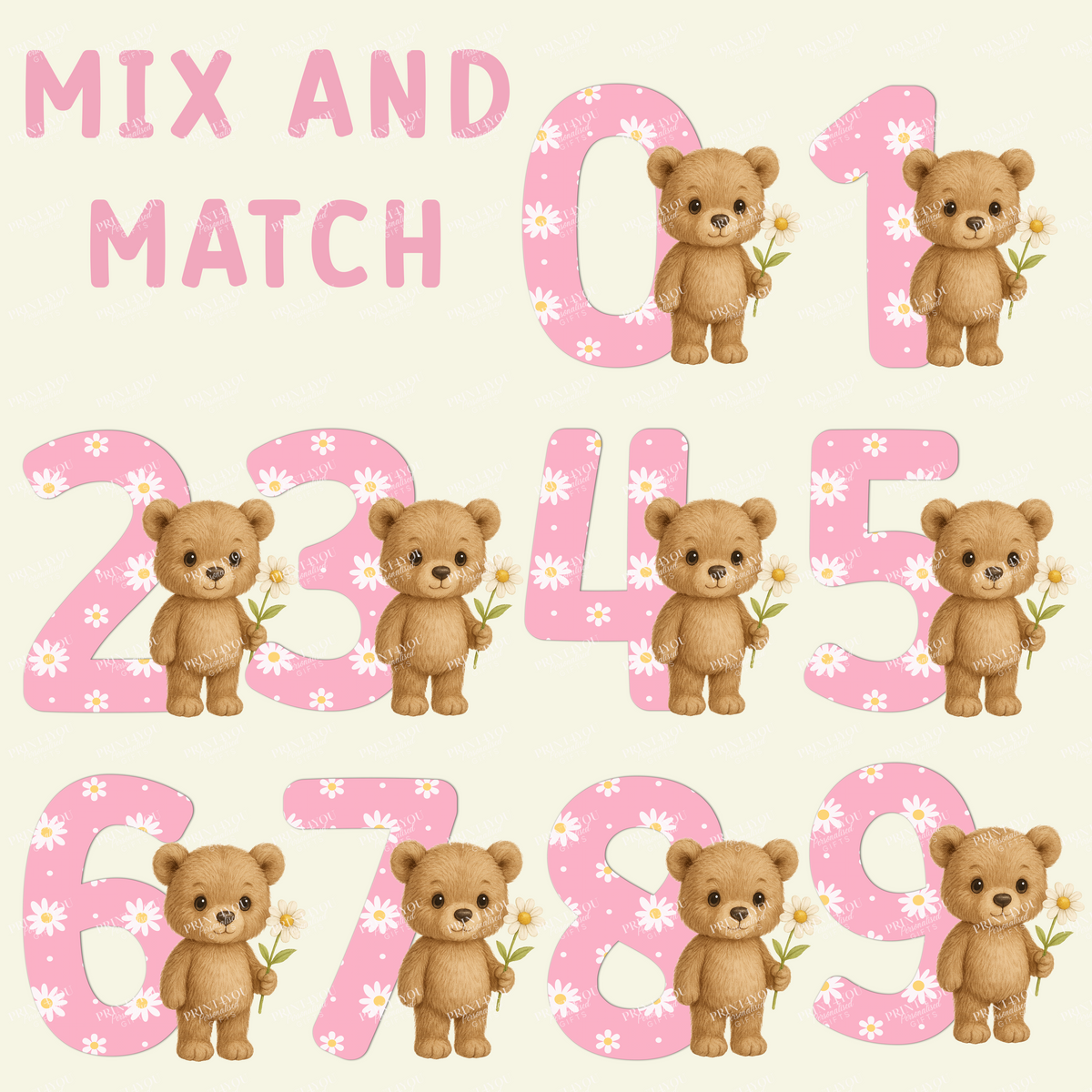 Mix & Match Teddy Bear and Pink Daisy Numbers PNG – Create Any Number ...